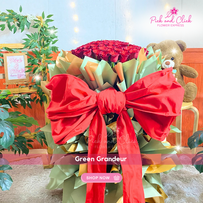 100 Long Stem Imported Red Roses | Green & Gold Wrap with Big Red ...